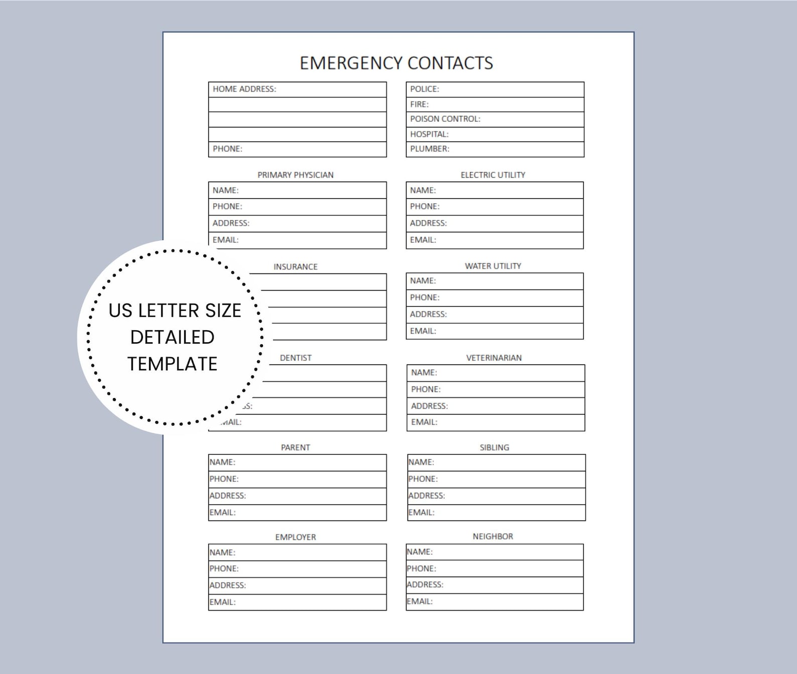Emergency Contact List Editable Printable,emergency Information ...