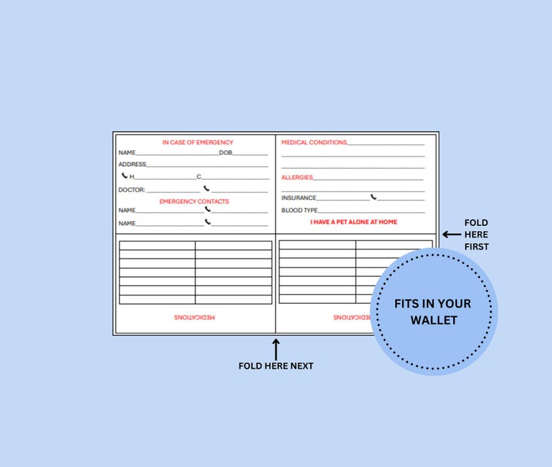 In Case of Emergency ID Card, Medical Alert Card With Medications ...