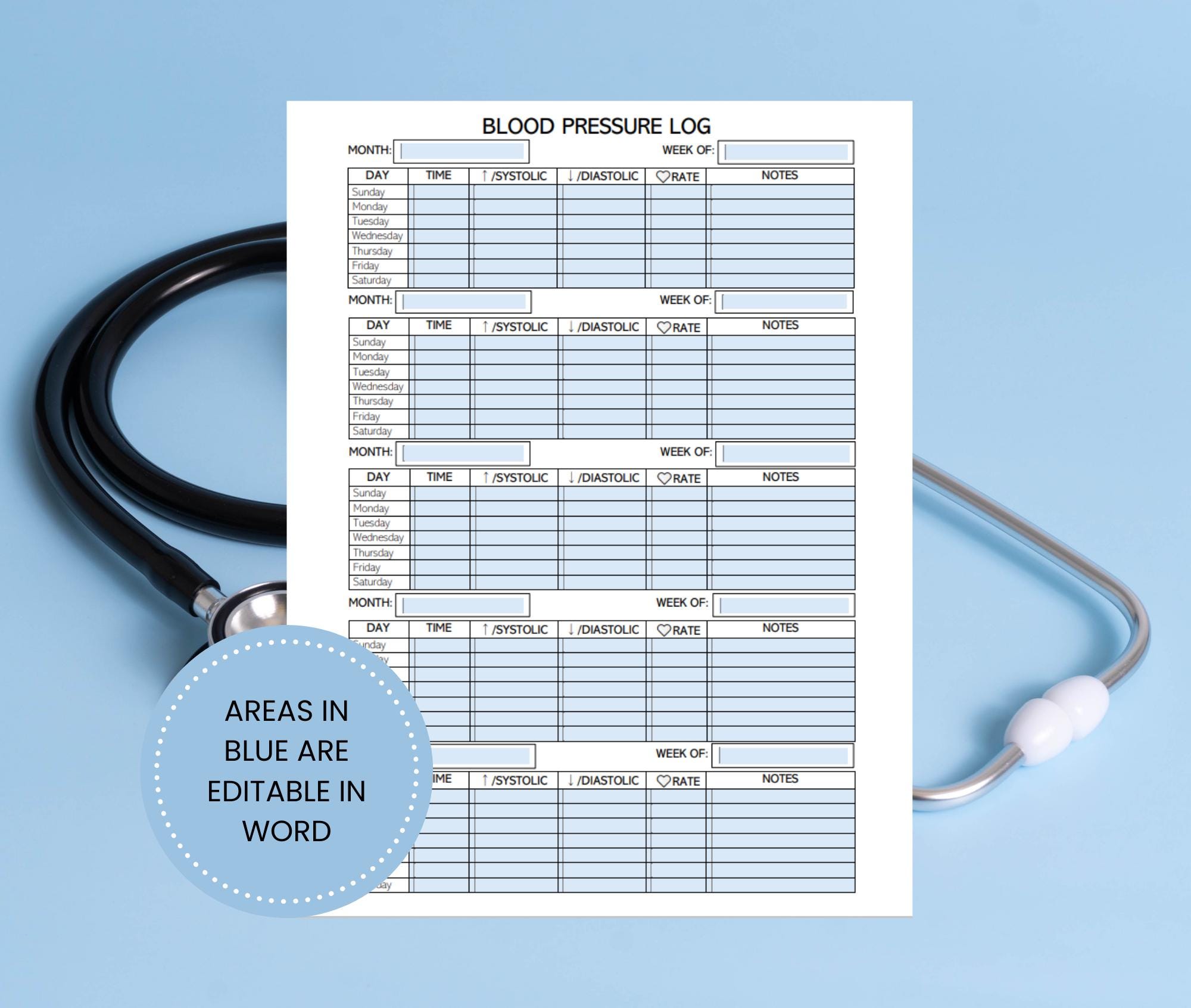 Blood Pressure Log Editable Printable,bp Tracker,daily Blood Pressure ...