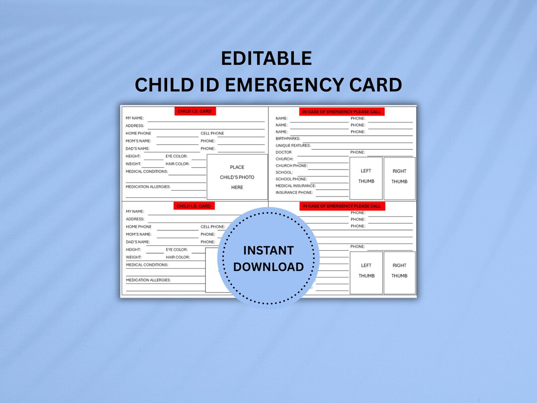 Editable Child Emergency ID, Kids Safety ID, Lost Child ID, in Case of ...