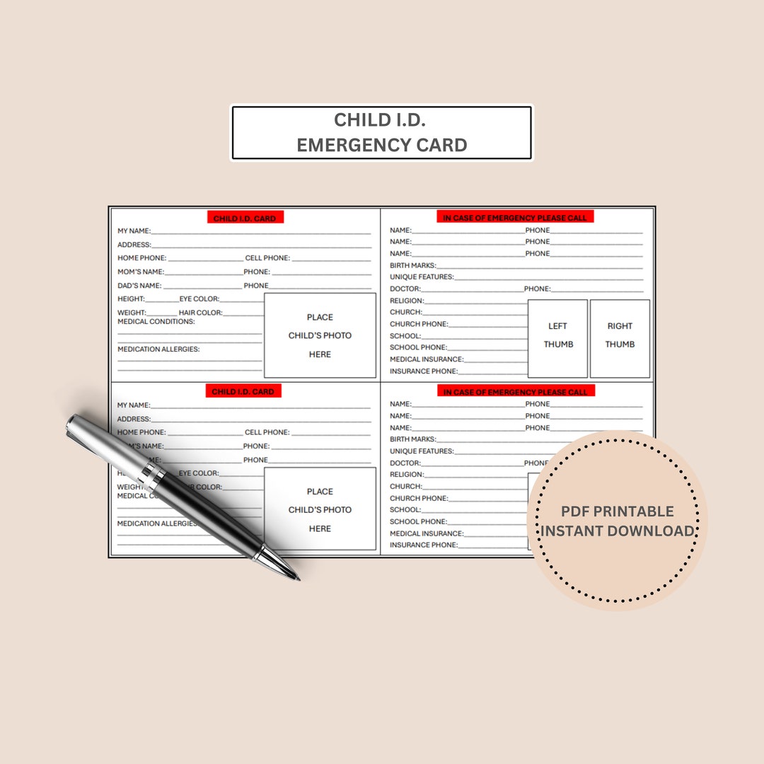 Child Emergency ID, Kids Safety ID, Lost Child ID, in Case of Emergency ...