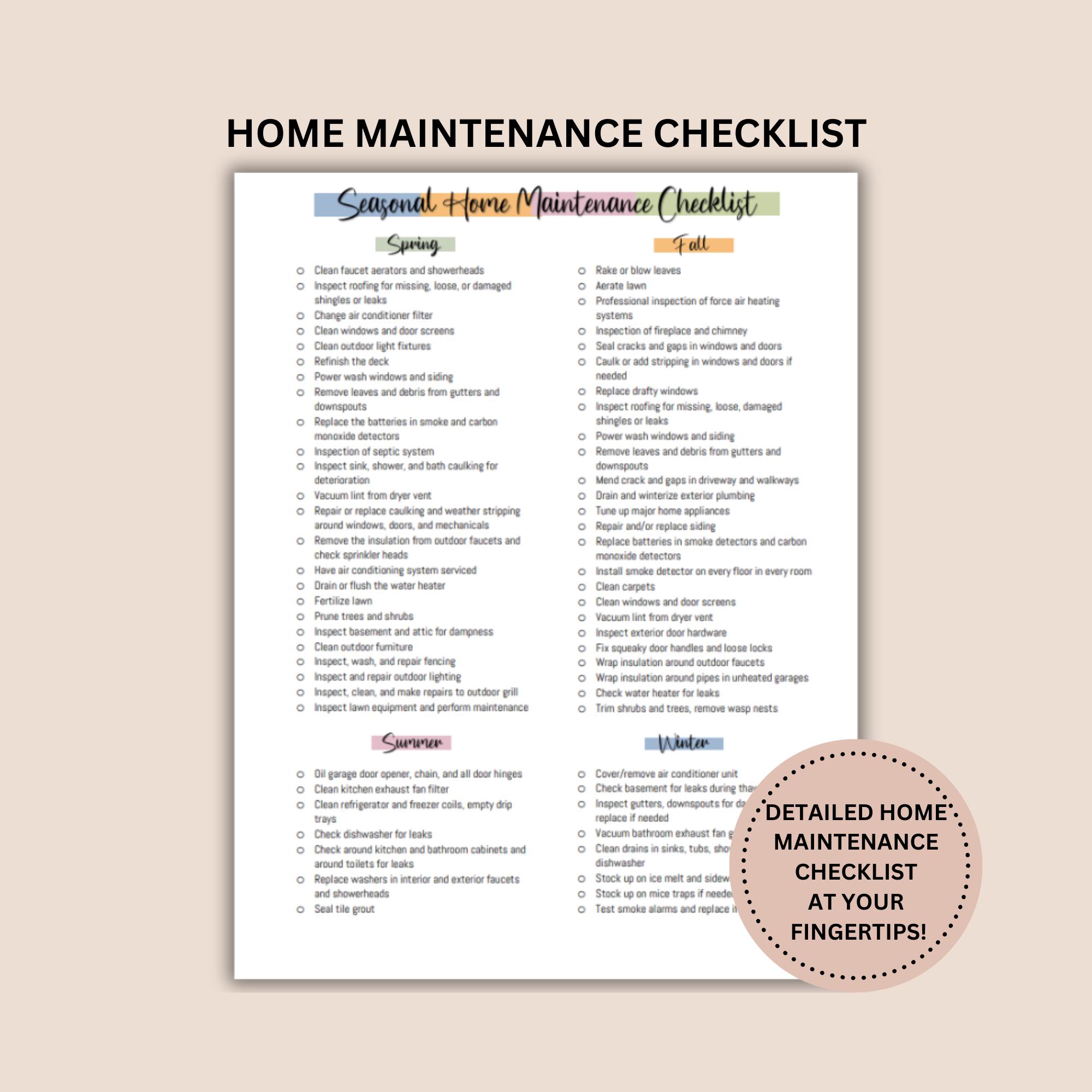 Home Maintenance Checklist,cleaning Schedule,chore Checklist,household ...
