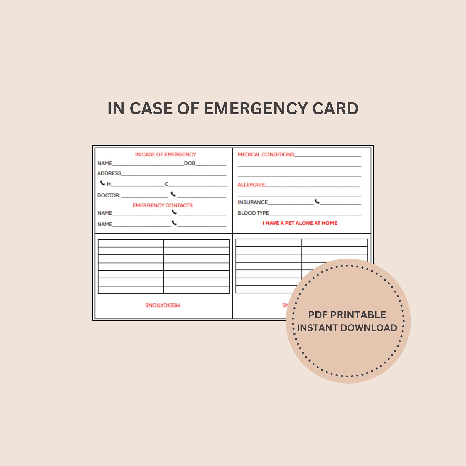 In Case of Emergency ID Card, Medical Alert Card With Medications ...