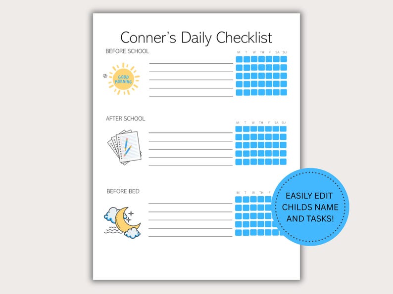 Editable Chore Chart, Kids Chore Chart, Daily Kids Responsibility Chart ...