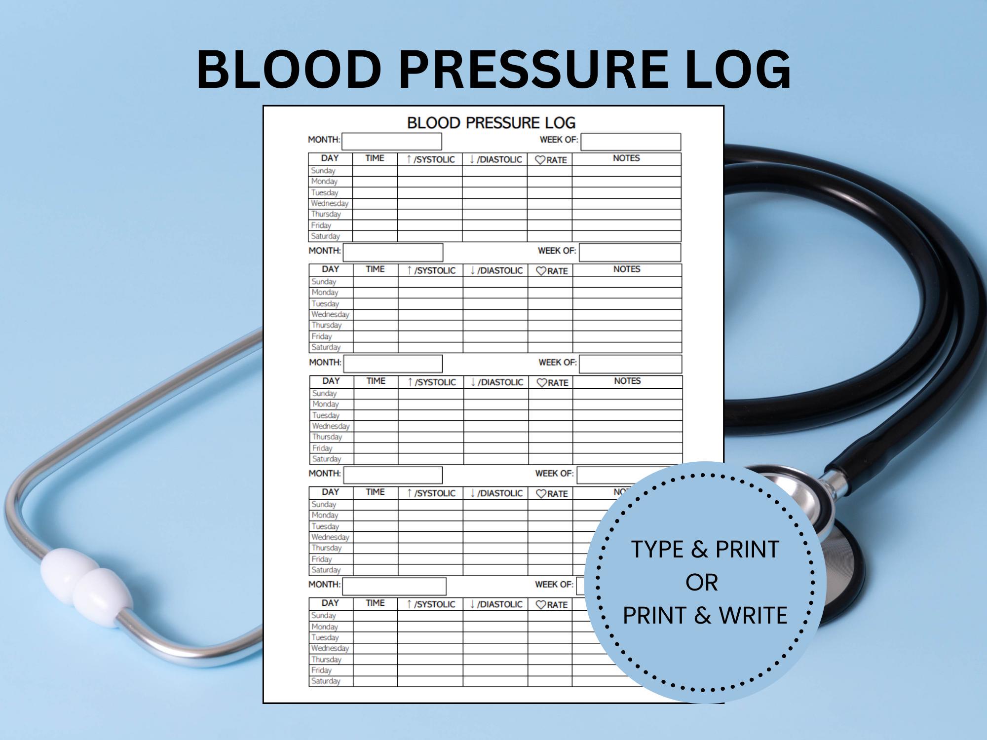 Blood Pressure Log Editable Printable,bp Tracker,daily Blood Pressure ...