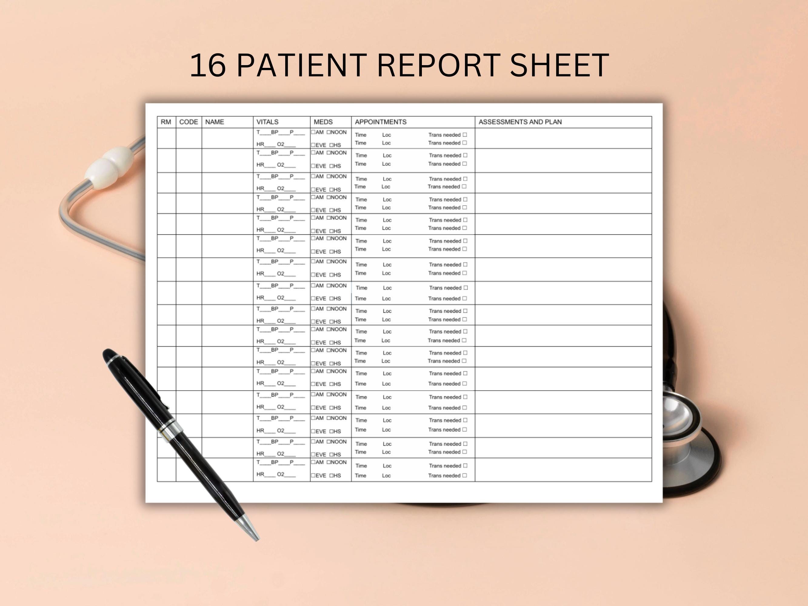 Nurse Report Sheet, 16 Patient Brain Sheet, LTC Nurse Documentation, Nursing Assistant Report ...