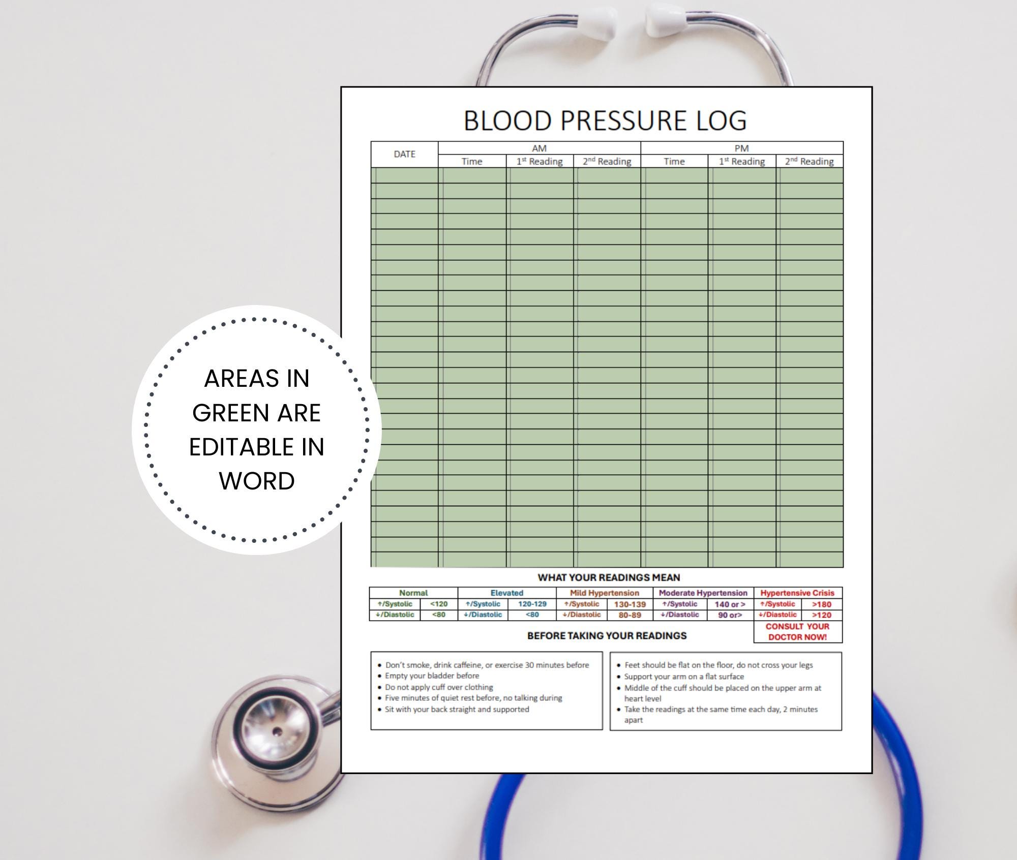 Blood Pressure Log Editable Printable,bp Tracker,daily Blood Pressure ...
