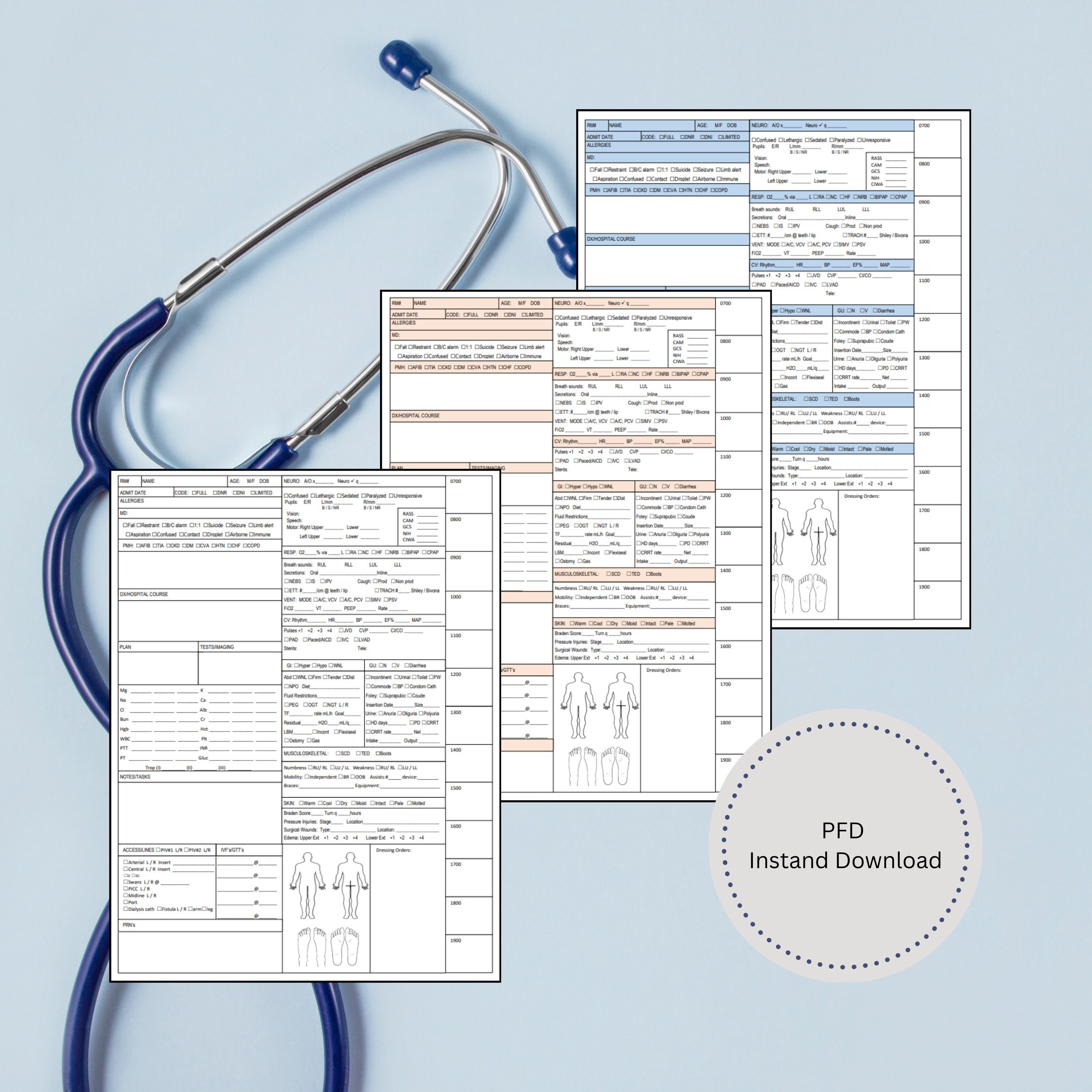 ICU Nurse Assessment Printable,head to Toe,nurse Report Sheet,admission ...
