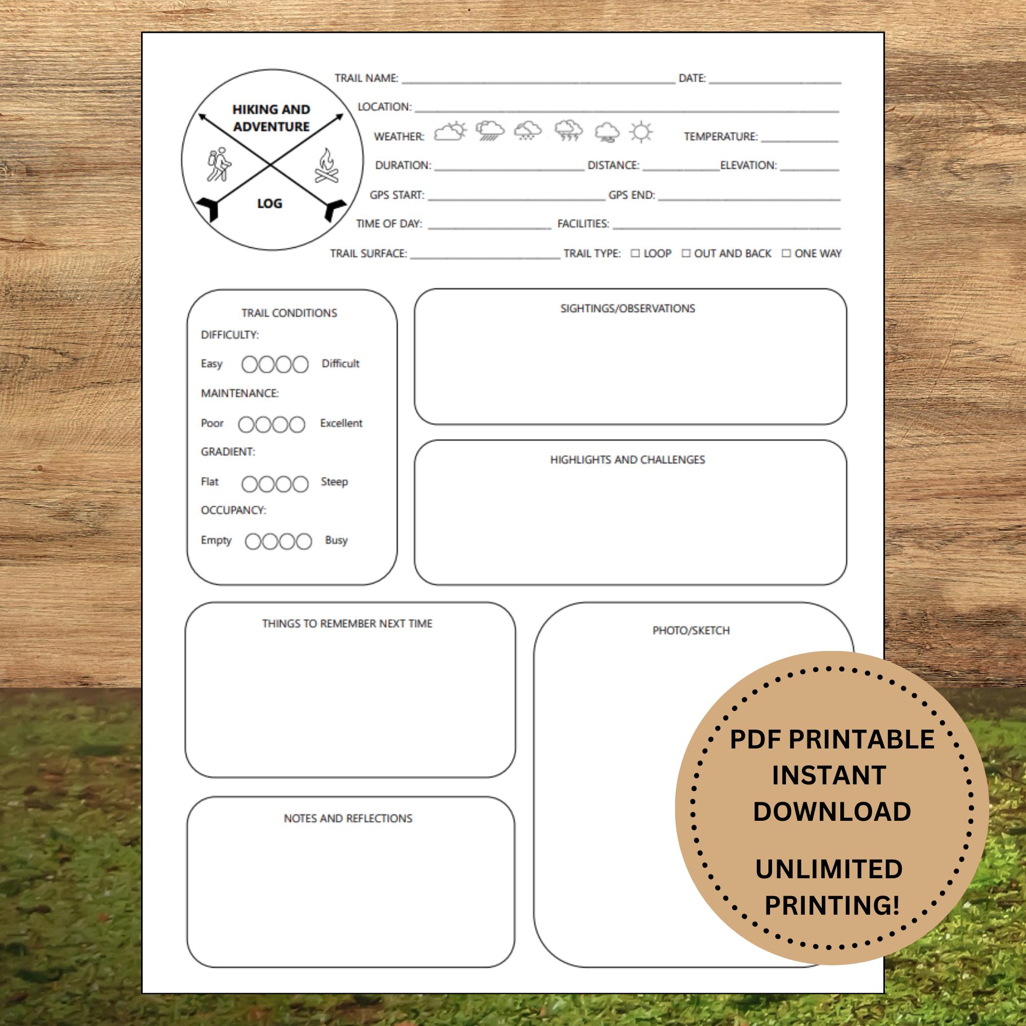 Hiking Log, Printable Camping Journal Sheet, Hiking Log Template ...