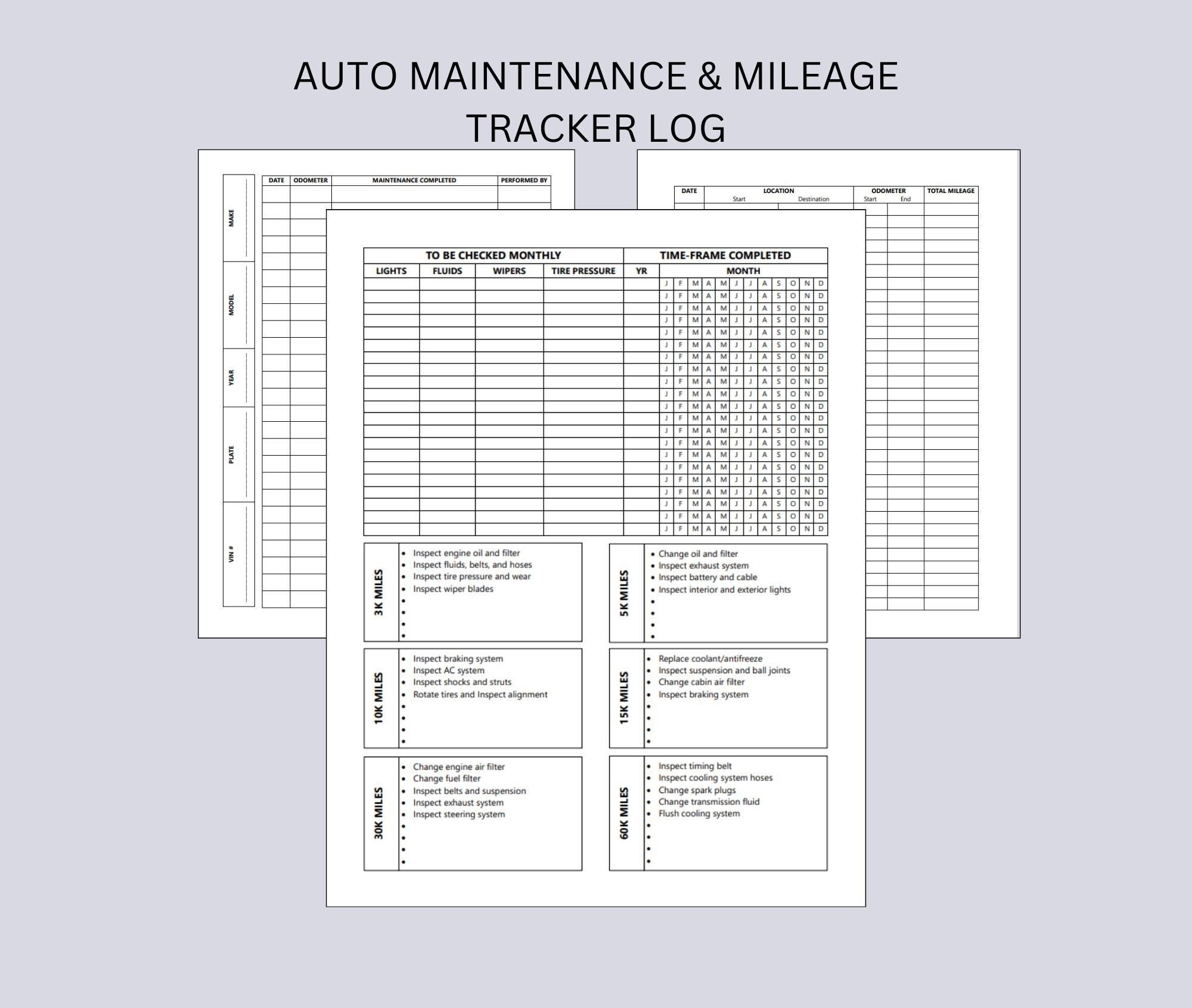 Vehicle Maintenance Log,car Maintenance Log,auto Mileage Tracker ...