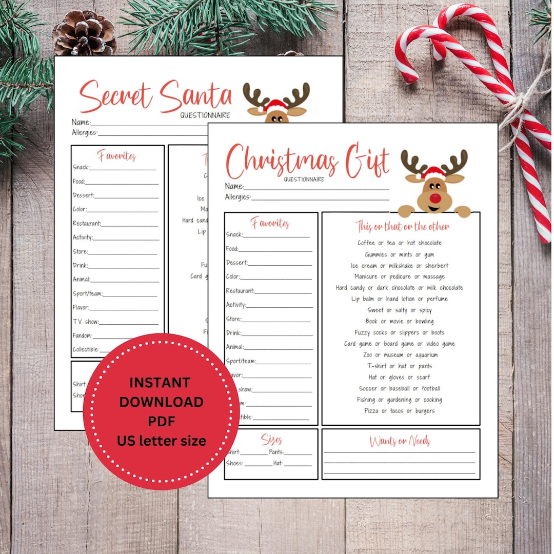Secret Santa Questionnaire, Christmas Wish List, Letter to Santa, Gift ...
