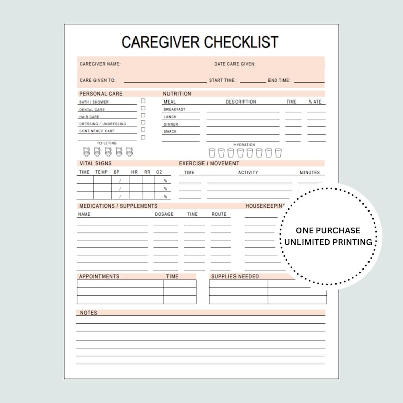 Caregiver Elderly Care Checklist, Caregiver Schedule, Caregiver Daily ...