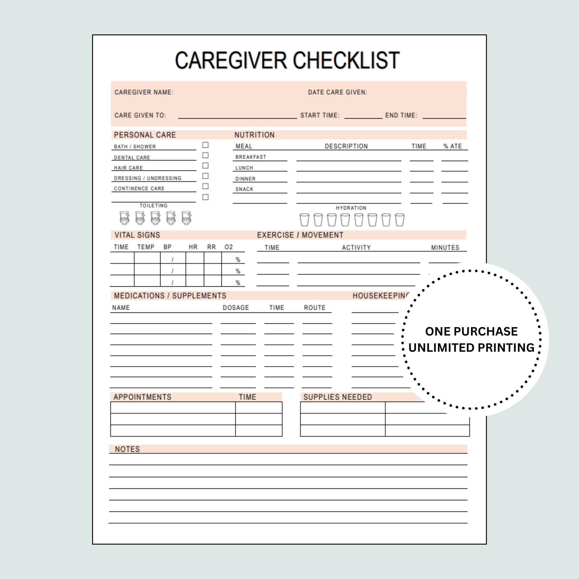 Caregiver Elderly Care Checklist, Caregiver Schedule, Caregiver Daily ...