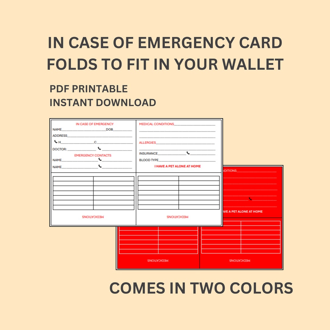 In Case of Emergency ID Card, Medical Alert Card With Medications ...