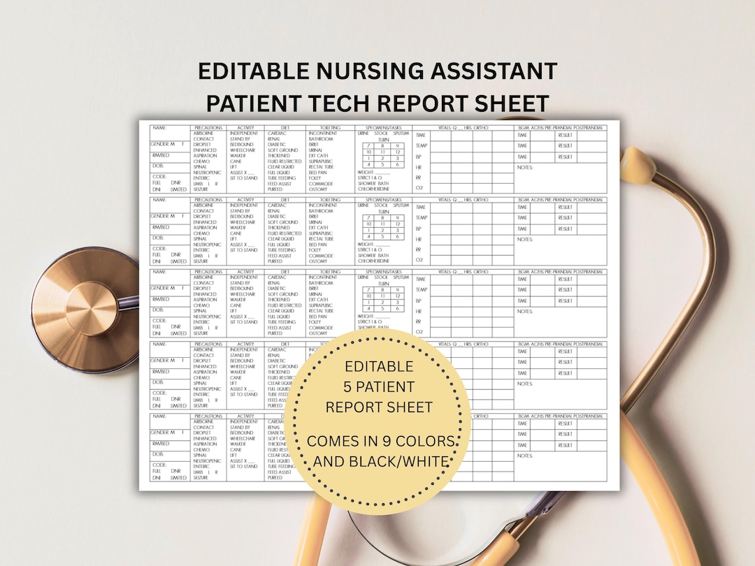 CNA Editable Report Sheet, Nursing Assistant Patient Shift Planner ...
