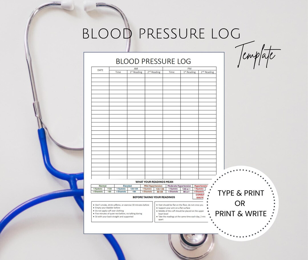Blood Pressure Log Editable Printable,bp Tracker,daily Blood Pressure ...