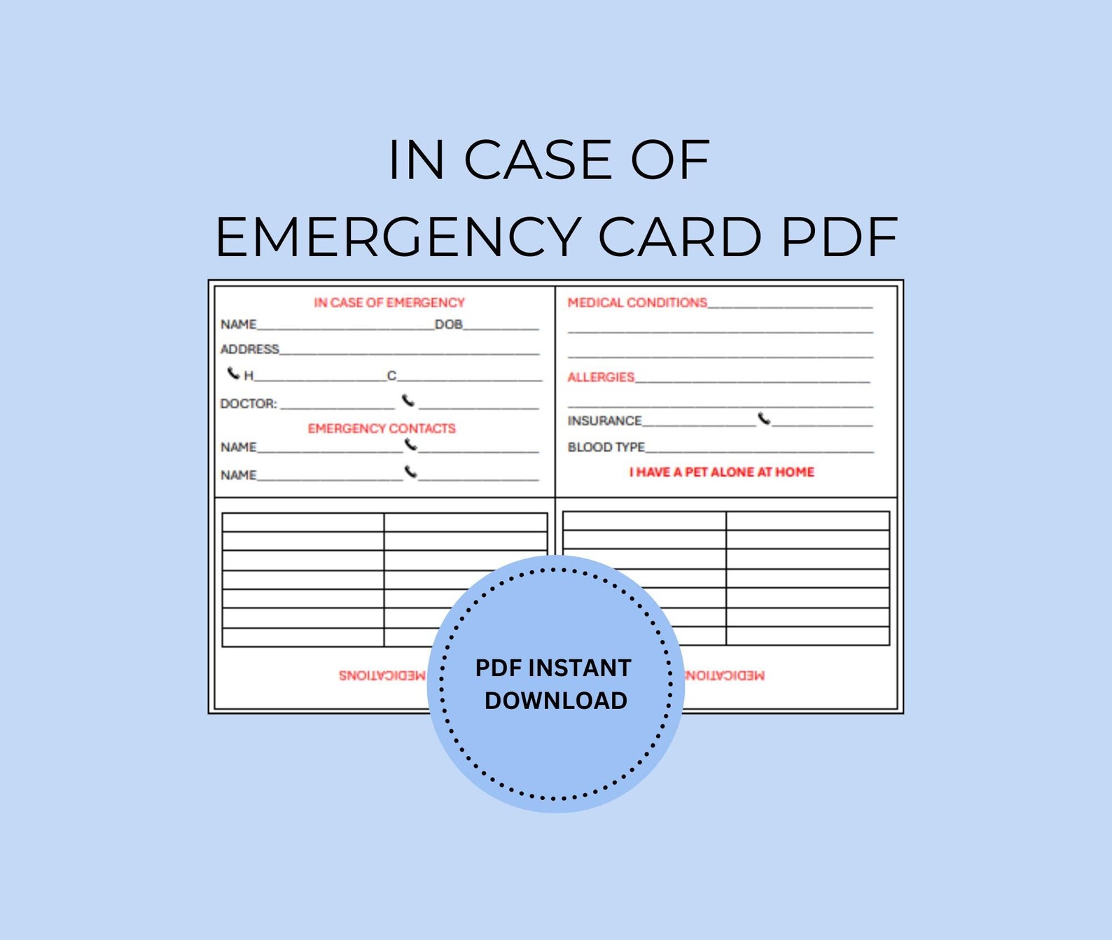 In Case of Emergency ID Card, Medical Alert Card With Medications ...