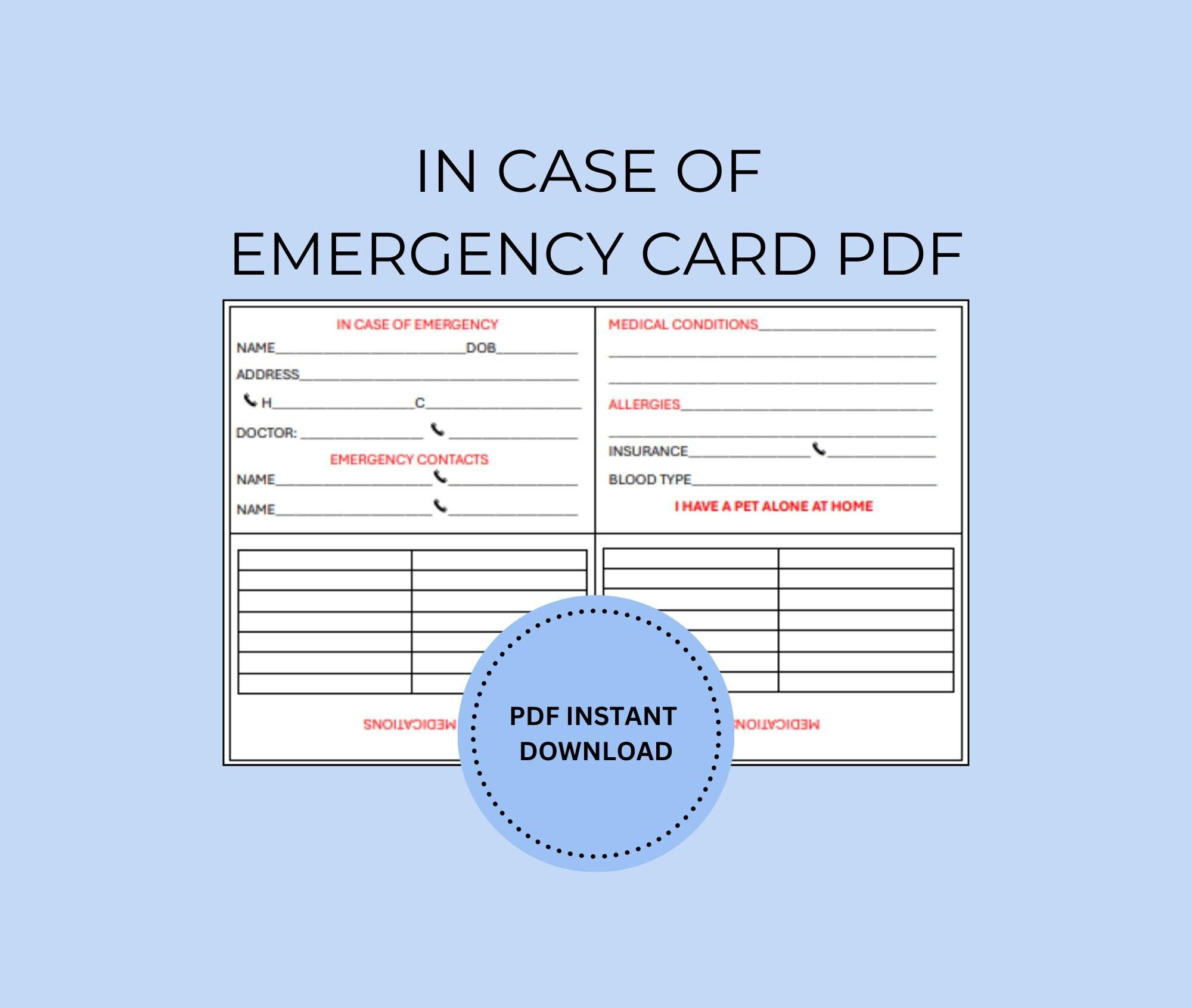 In Case of Emergency ID Card, Medical Alert Card With Medications ...