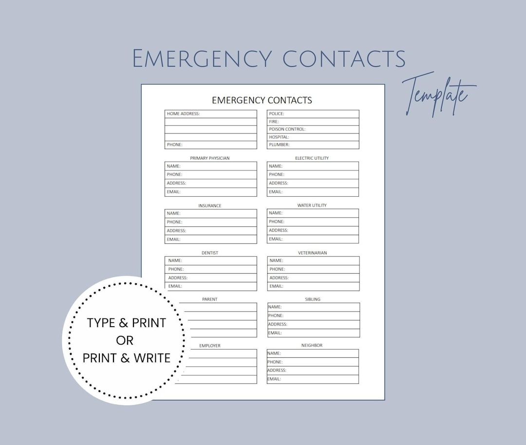 Emergency Contact List Editable Printable,emergency Information ...