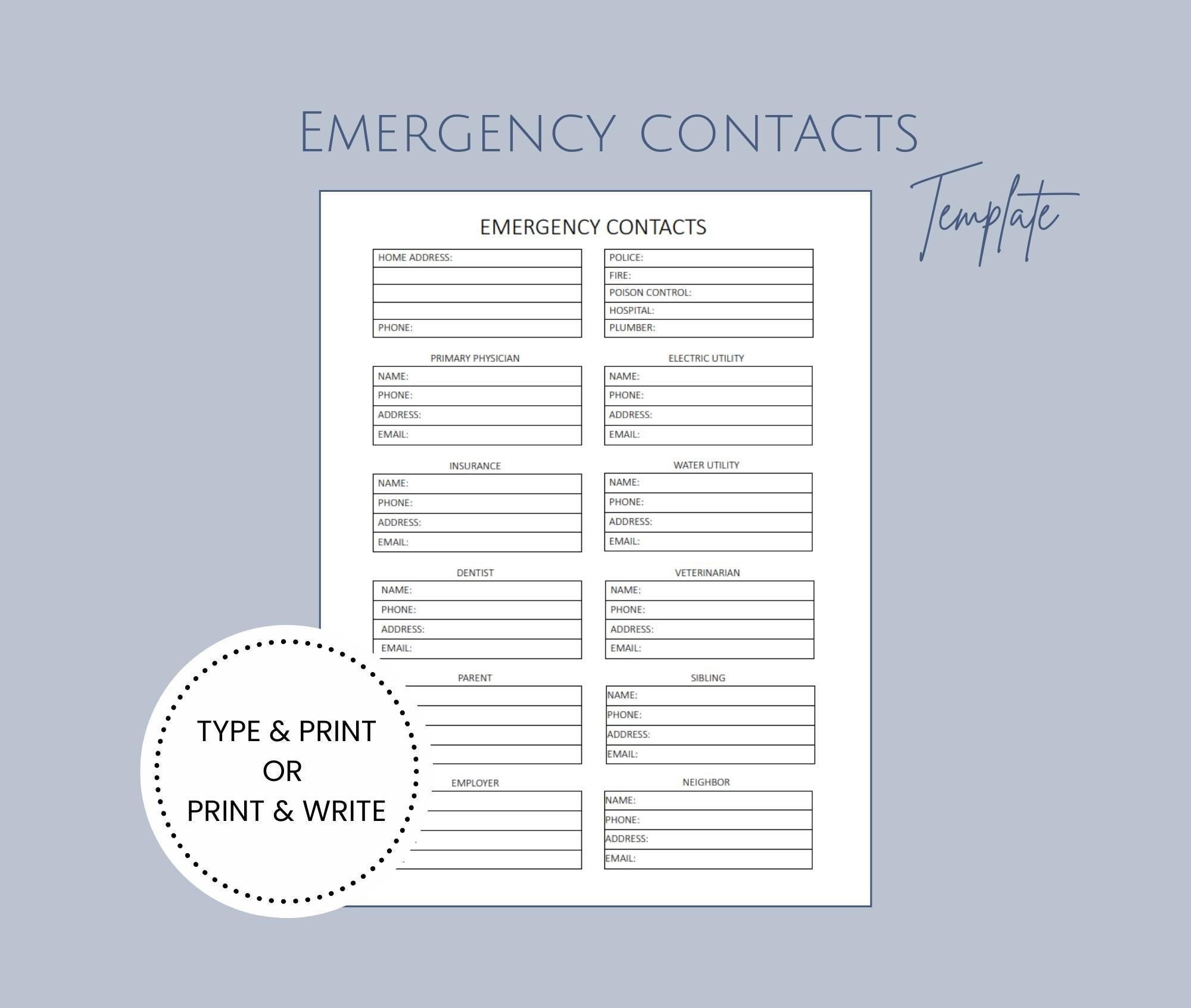 Emergency Contact List Editable Printable,emergency Information ...