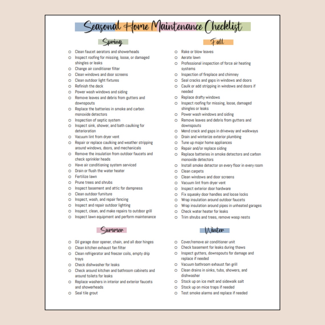 Home Maintenance Checklist,cleaning Schedule,chore Checklist,household ...