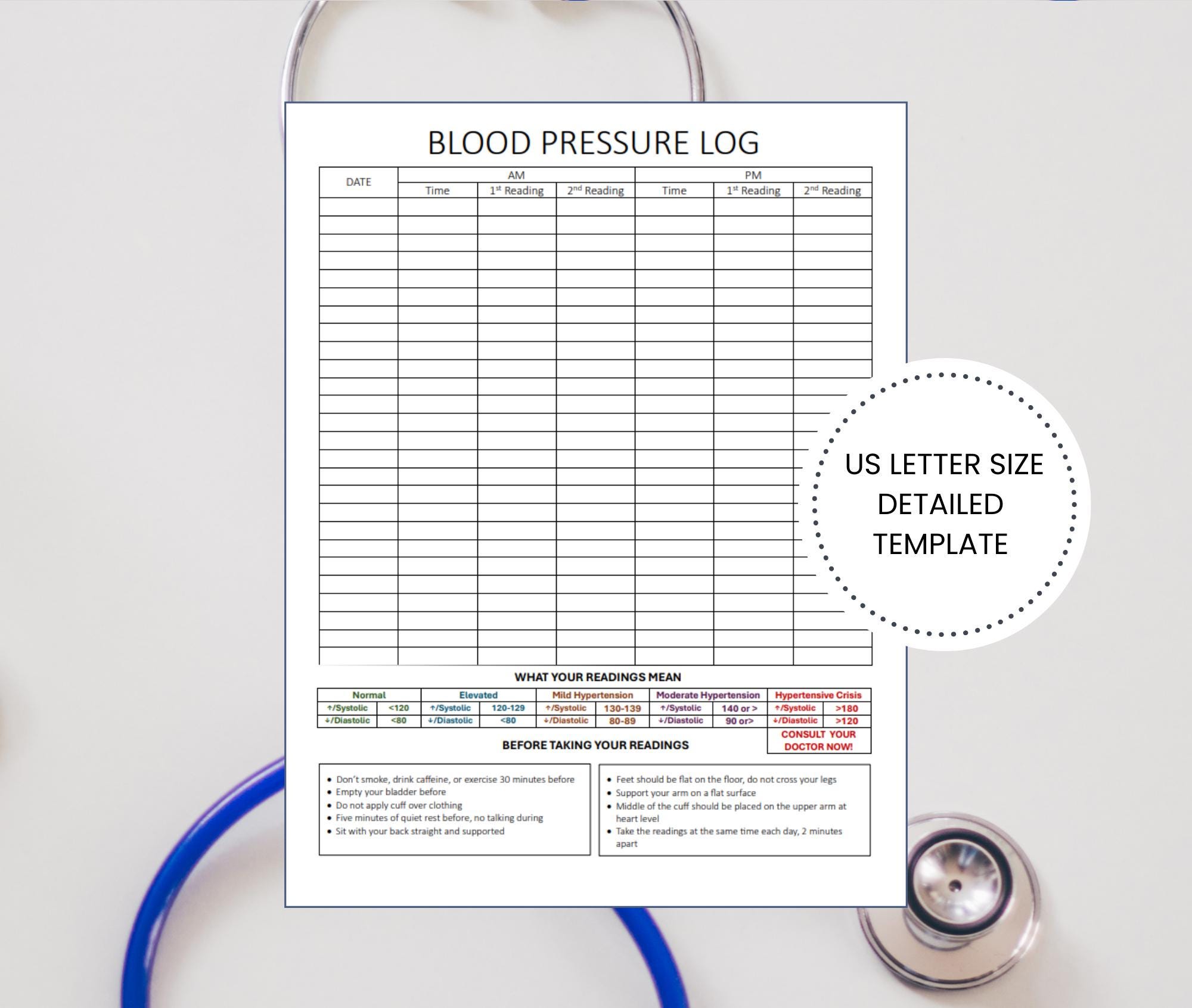 Blood Pressure Log Editable Printable,bp Tracker,daily Blood Pressure ...