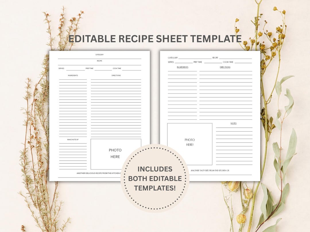 Editable Recipe Sheet Template, Minimalist Recipe Sheet, Kitchen Recipe ...