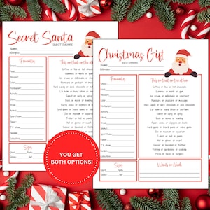 Secret Santa Questionnaire, Christmas Wish List, Letter to Santa, Gift ...