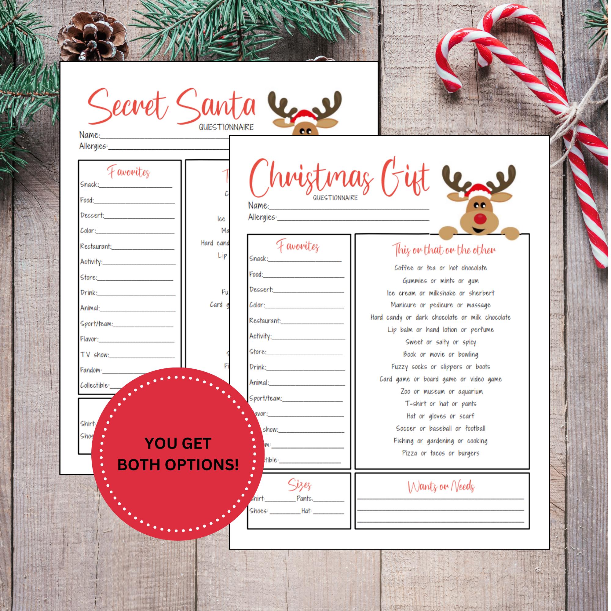 Secret Santa Questionnaire, Christmas Wish List, Letter to Santa, Gift ...