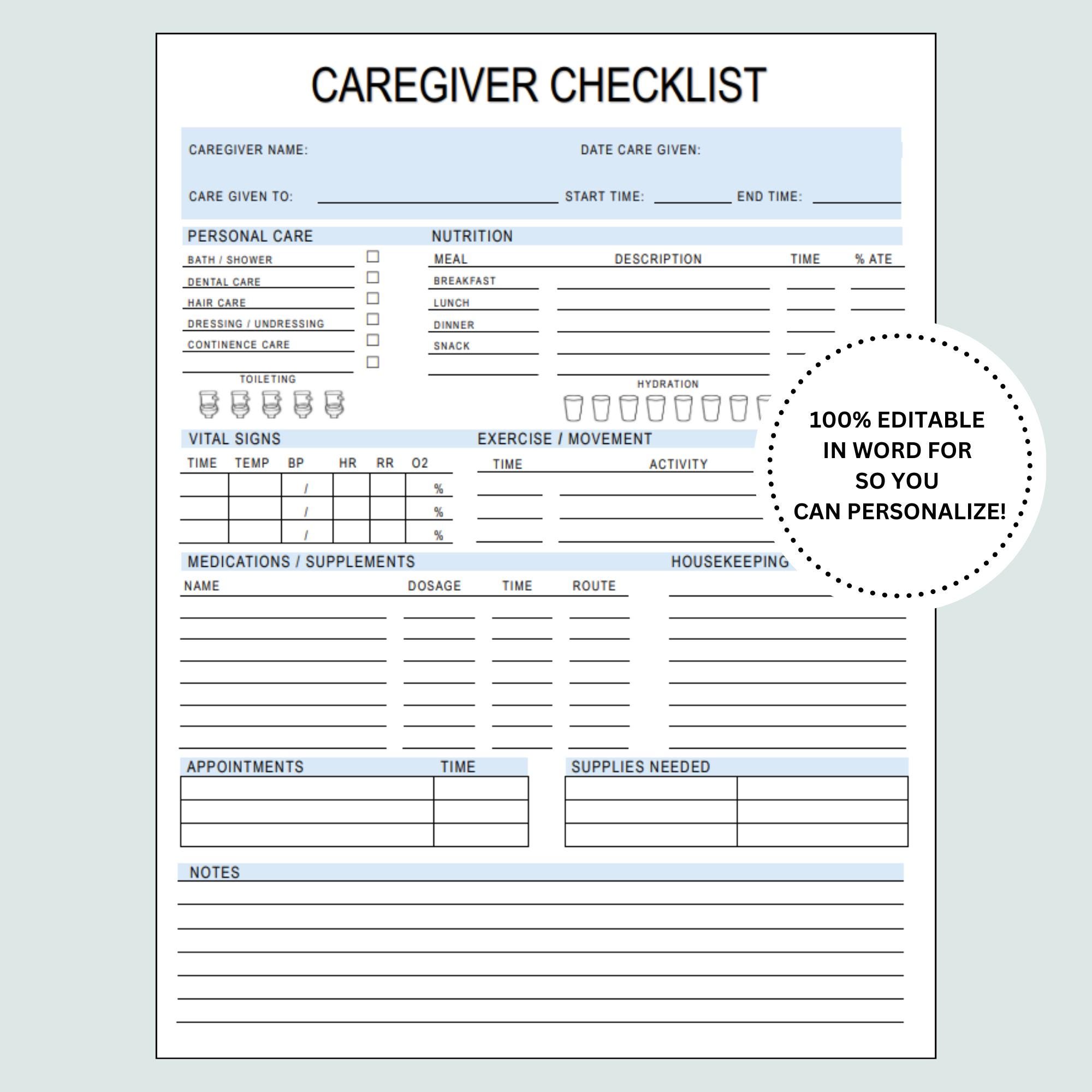 Caregiver Elderly Care Checklist, Caregiver Schedule, Caregiver Daily ...