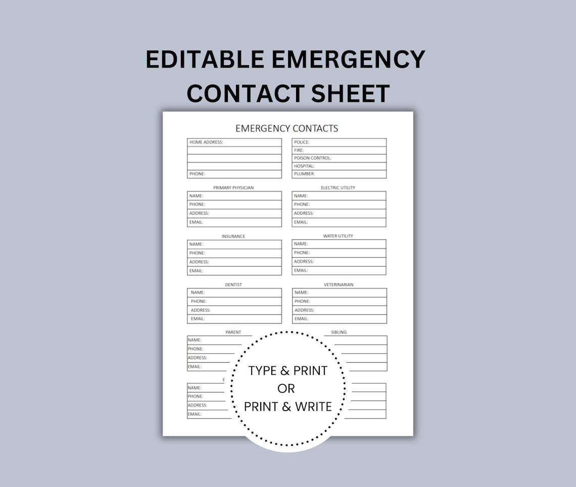 Emergency Contact List Editable Printable,emergency Information ...