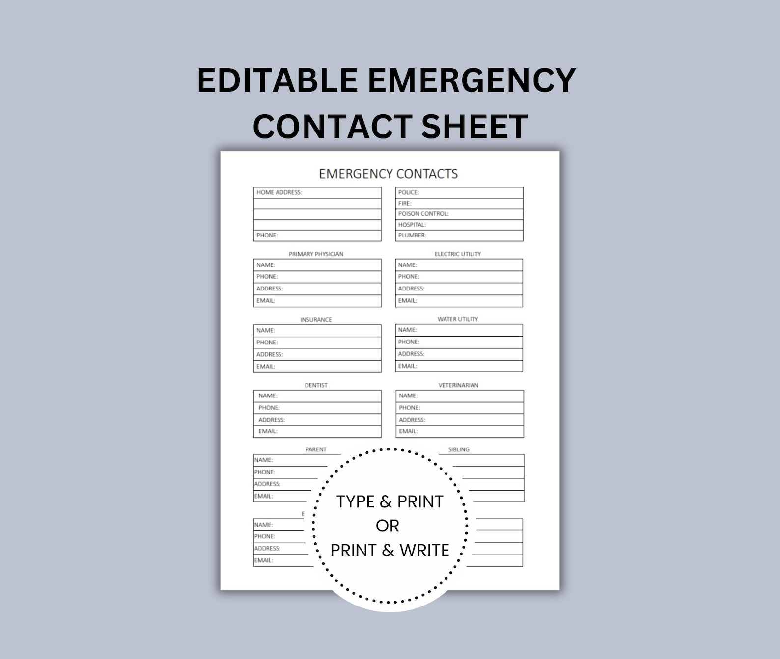 Emergency Contact List Editable Printable,emergency Information ...