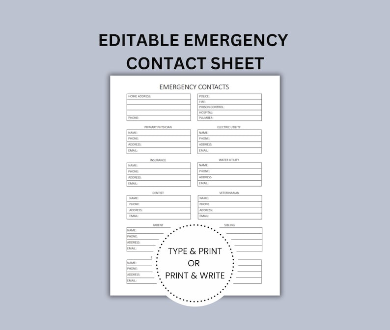 Emergency Contact List Editable Printable,emergency Information ...