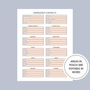 Emergency Contact List Editable Printable,emergency Information ...