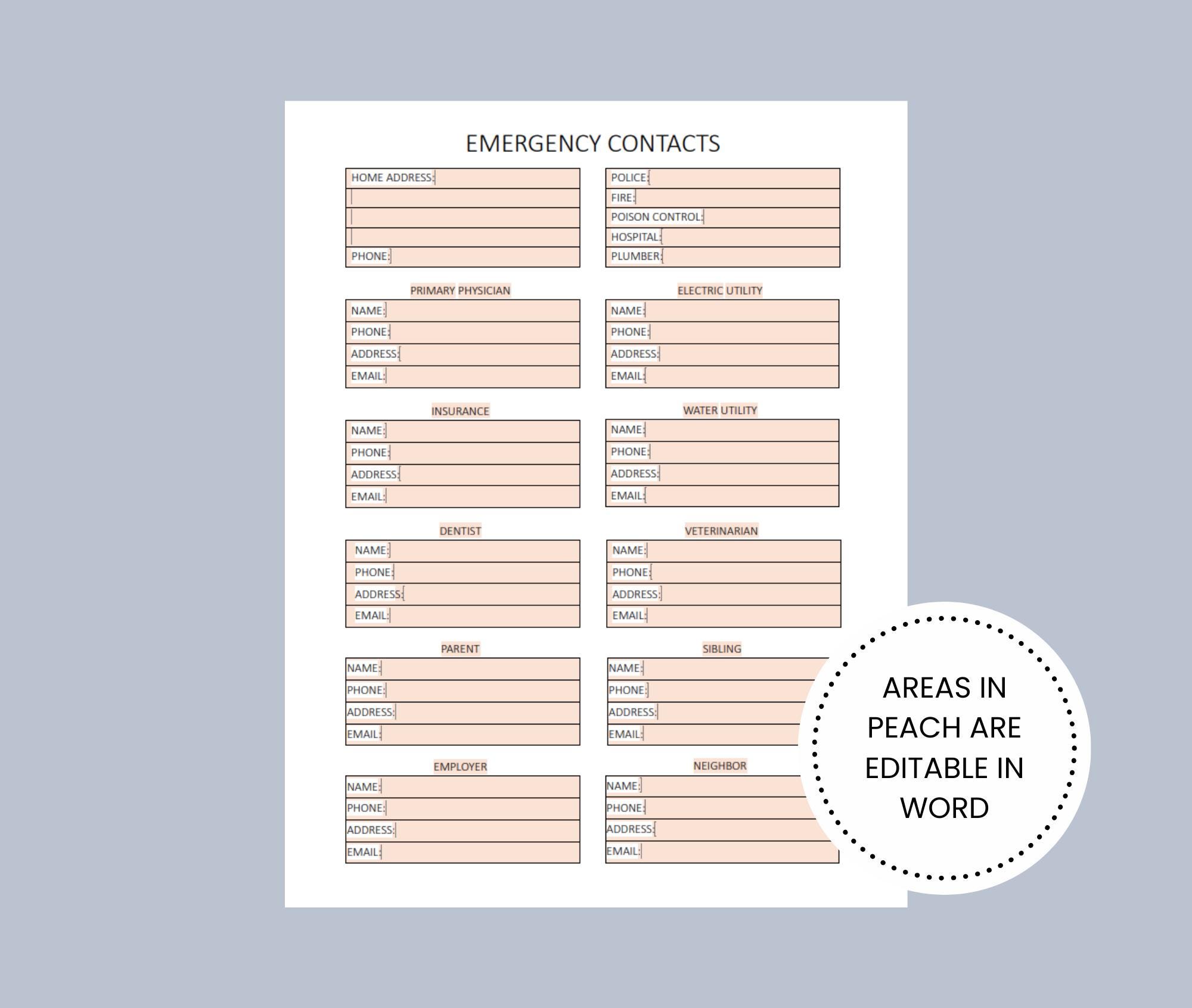 Emergency Contact List Editable Printable,emergency Information ...