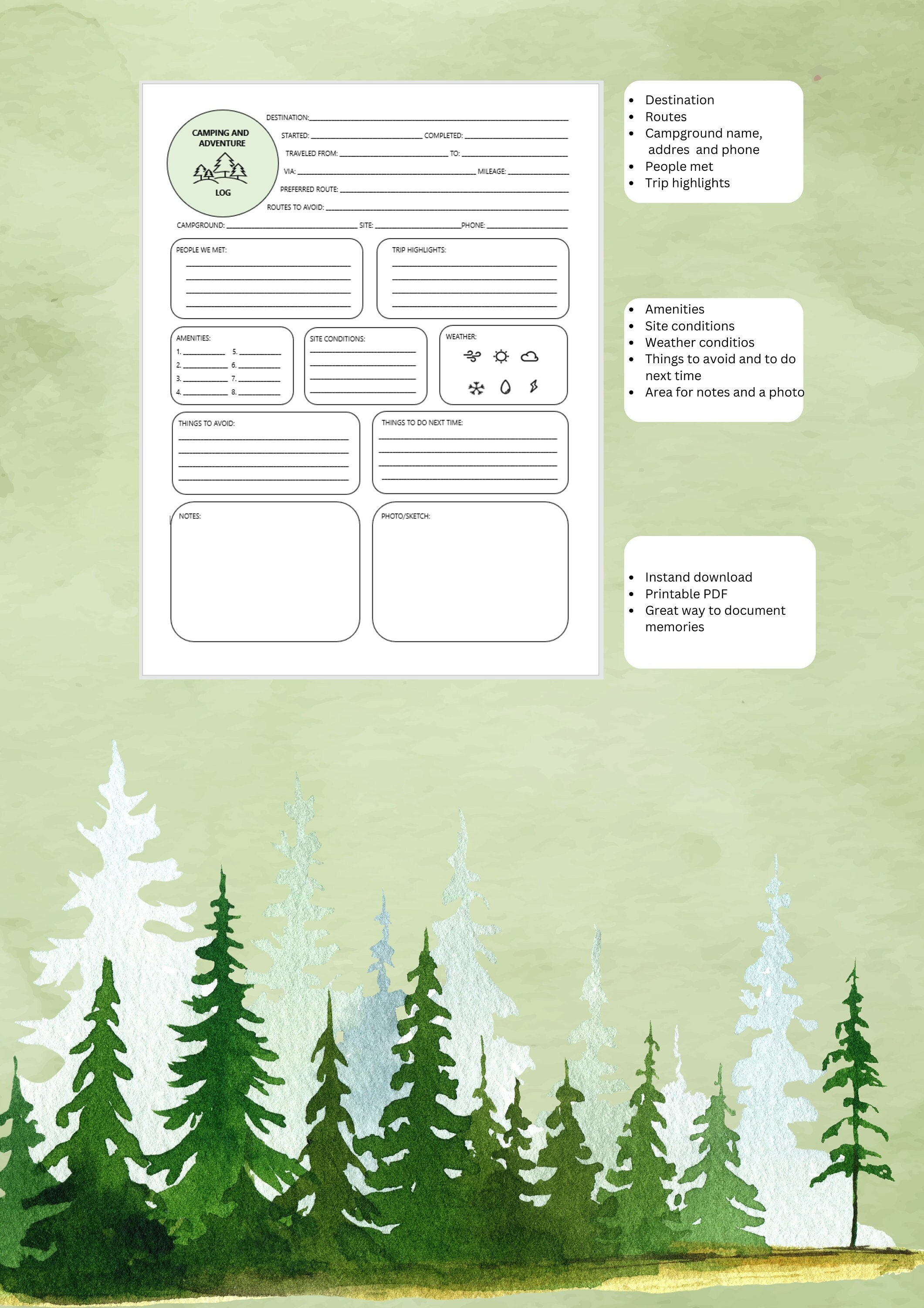Camping Log, Camping Journal, Camping Template, Printable Camping Log ...