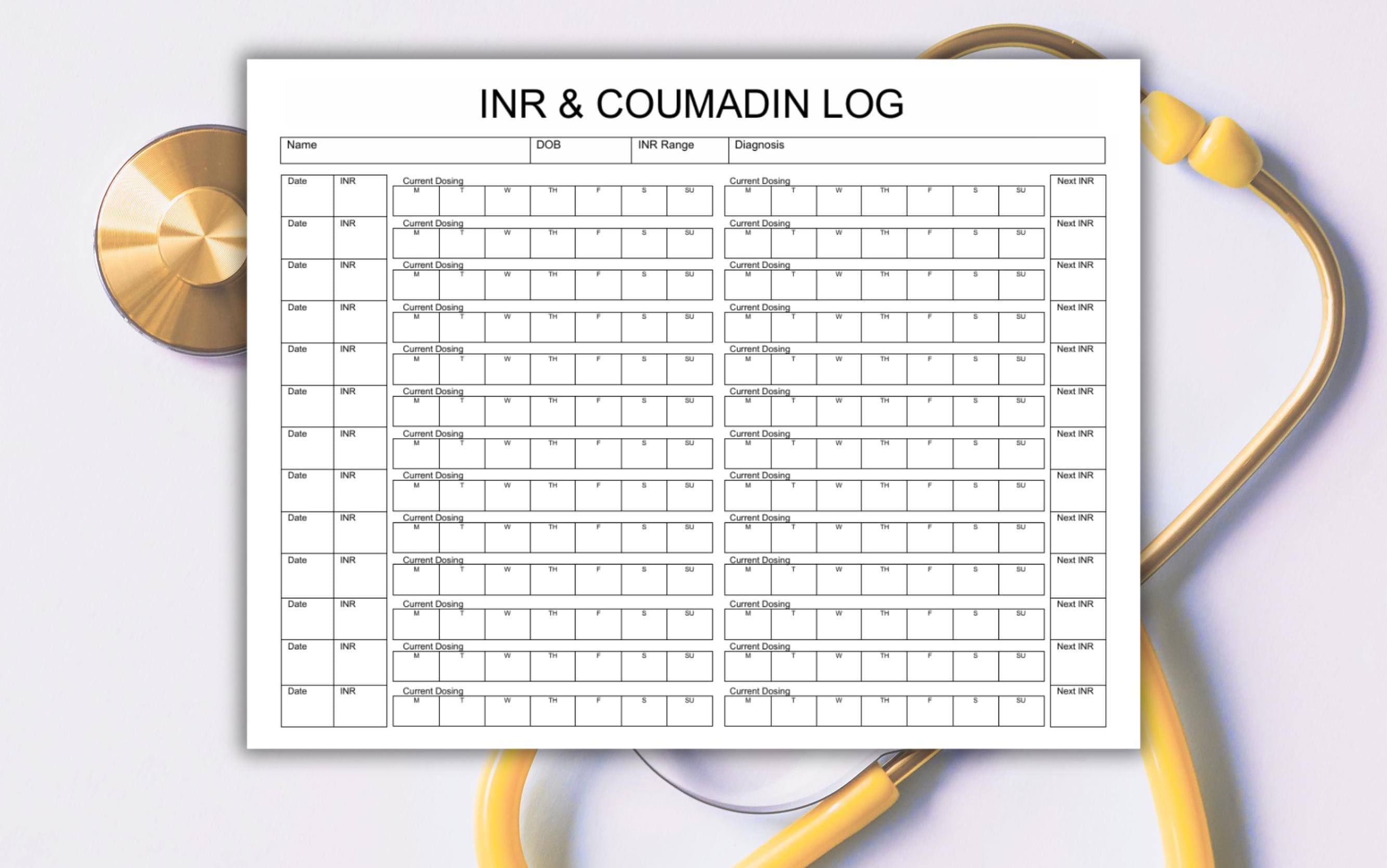 PT INR Log Template, Anticoagulant Log, Blood Thinner Monitoring, Warfarin Medication Tracker ...