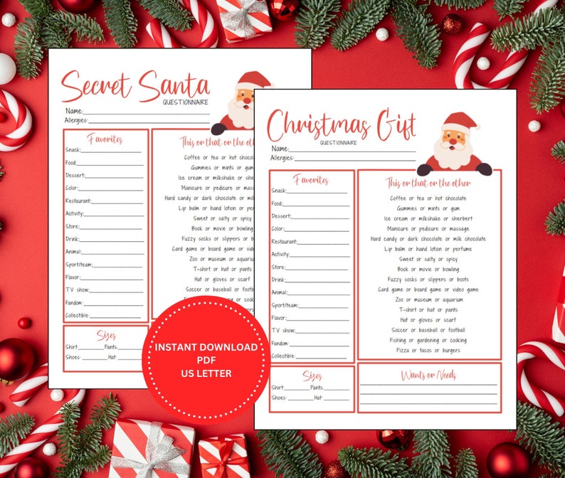 Secret Santa Questionnaire, Christmas Wish List, Letter to Santa, Gift ...