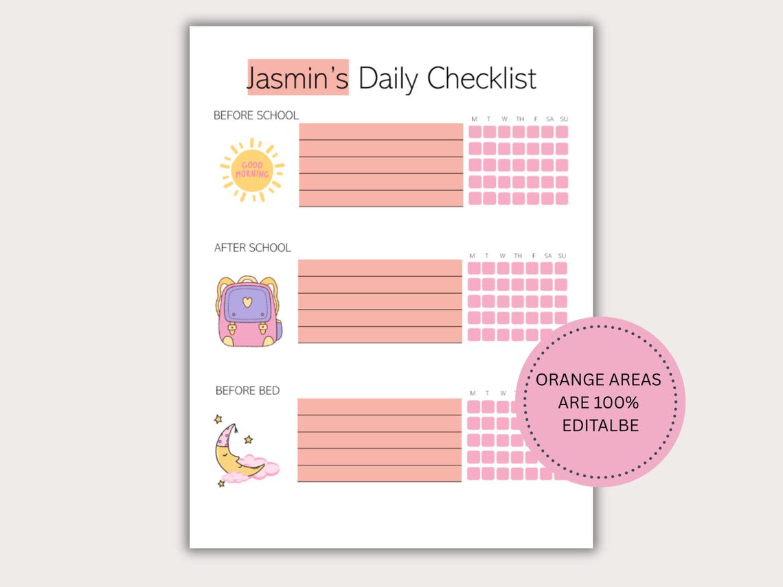 Kids Editable Chore Chart, Pre-school Chore Chart, Daily Kids ...