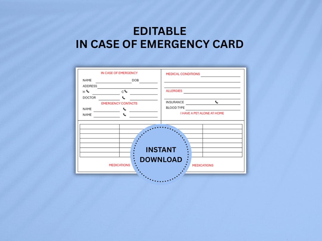 Editable in Case of Emergency ID Card, Medical Alert Card With ...