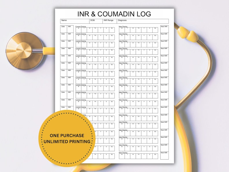 PT INR Log Template, Anticoagulant Log, Blood Thinner Monitoring ...