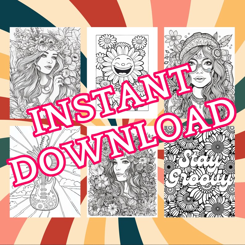 Groovy Hippies Coloring Book 70s Retro Style Coloring Pages Printable ...