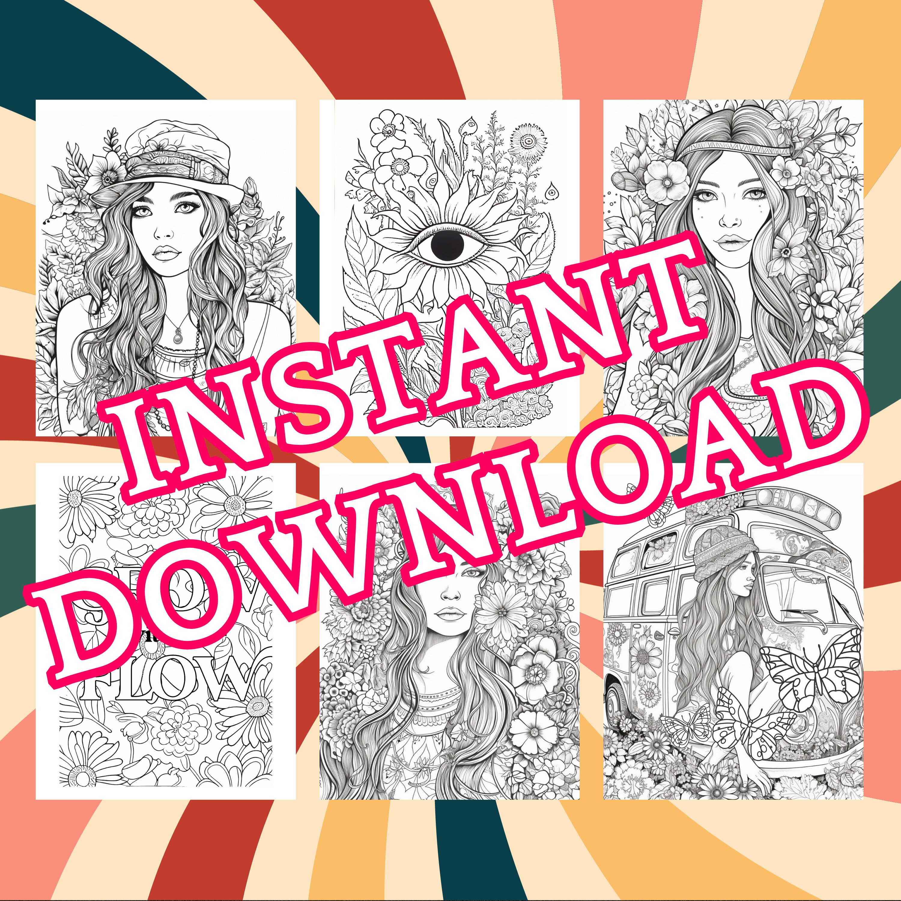 Groovy Hippies Coloring Book 70s Retro Style Coloring Pages Printable ...