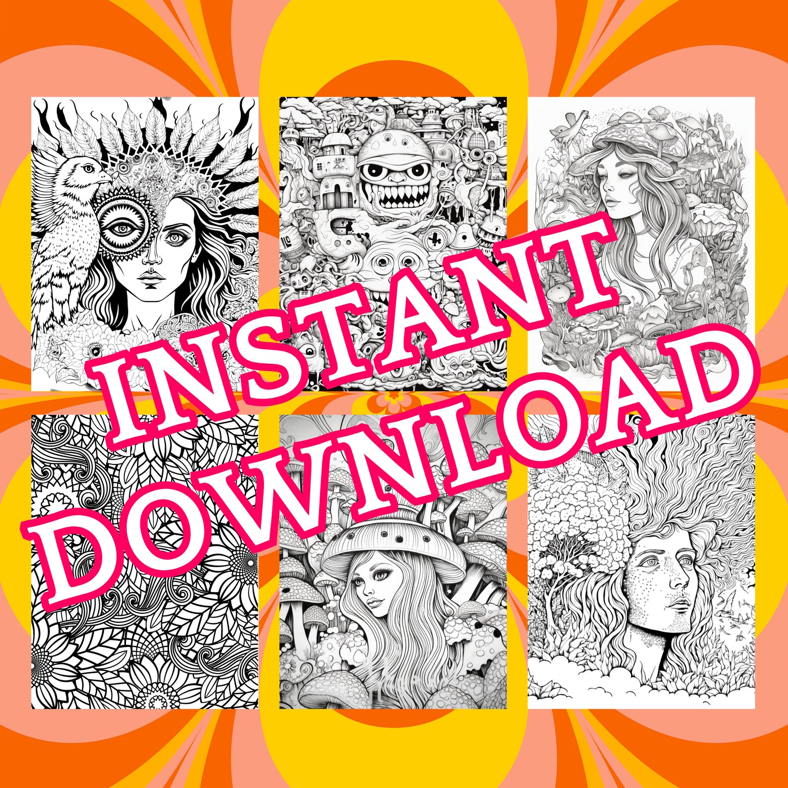 Psychedelic Coloring Pages Hippies and Mushrooms Coloring Book Hippie ...