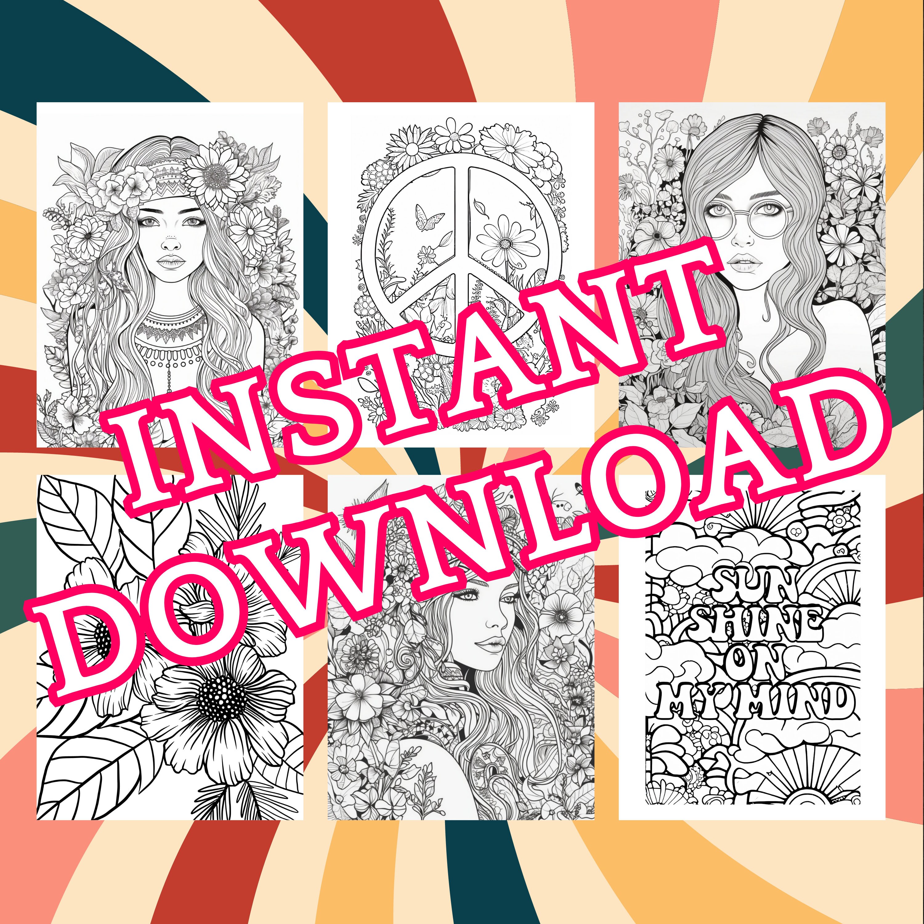 Groovy Hippies Coloring Book 70s Retro Style Coloring Pages Printable ...