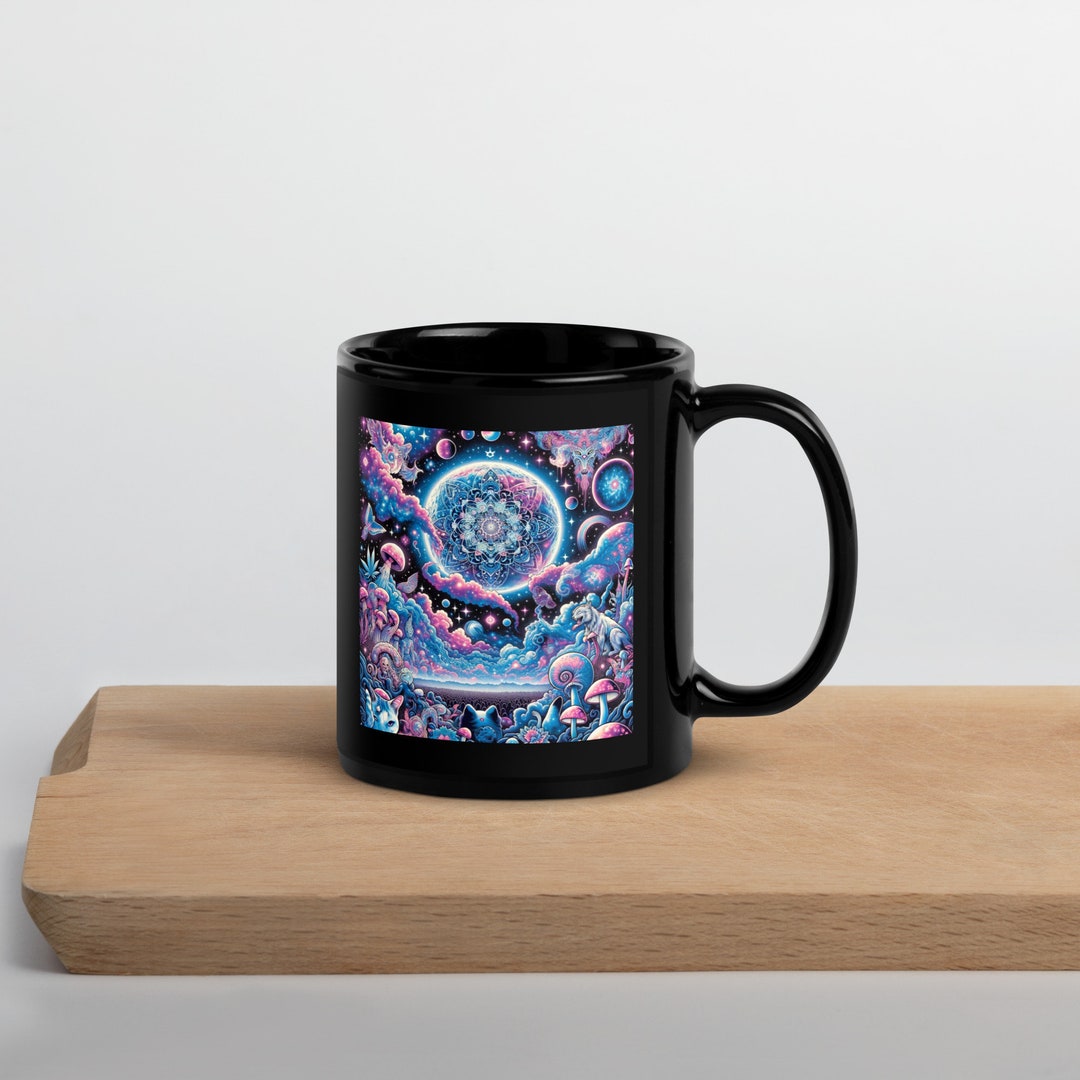 Trippy Psychedelic Mushroom Moon Coffee Cup 4 Black - Etsy