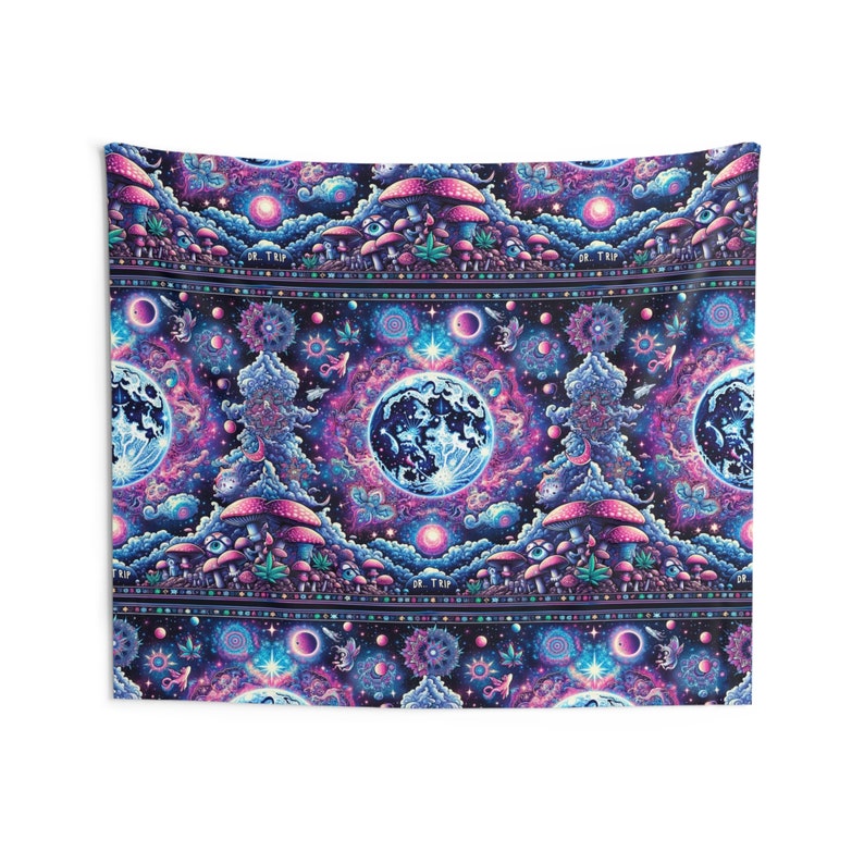Trippy Moon Tapestry Mushroom Weed Leaves Space Music Festival Tapestry ...