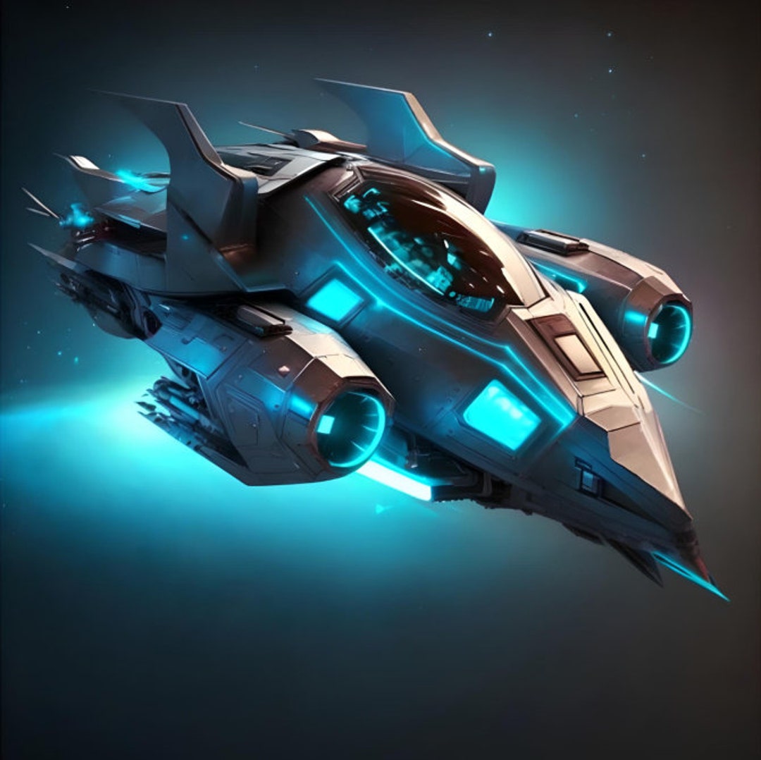 Blue and Black and Gray Spaceship With Blue Light Blue Neon Colors and ...