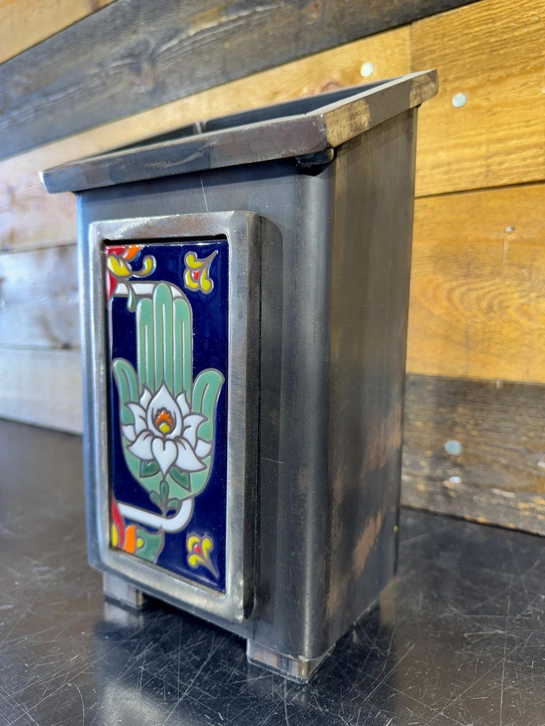 Metal Planter / Steel Planter With Custom Tile / Upcycled - Etsy