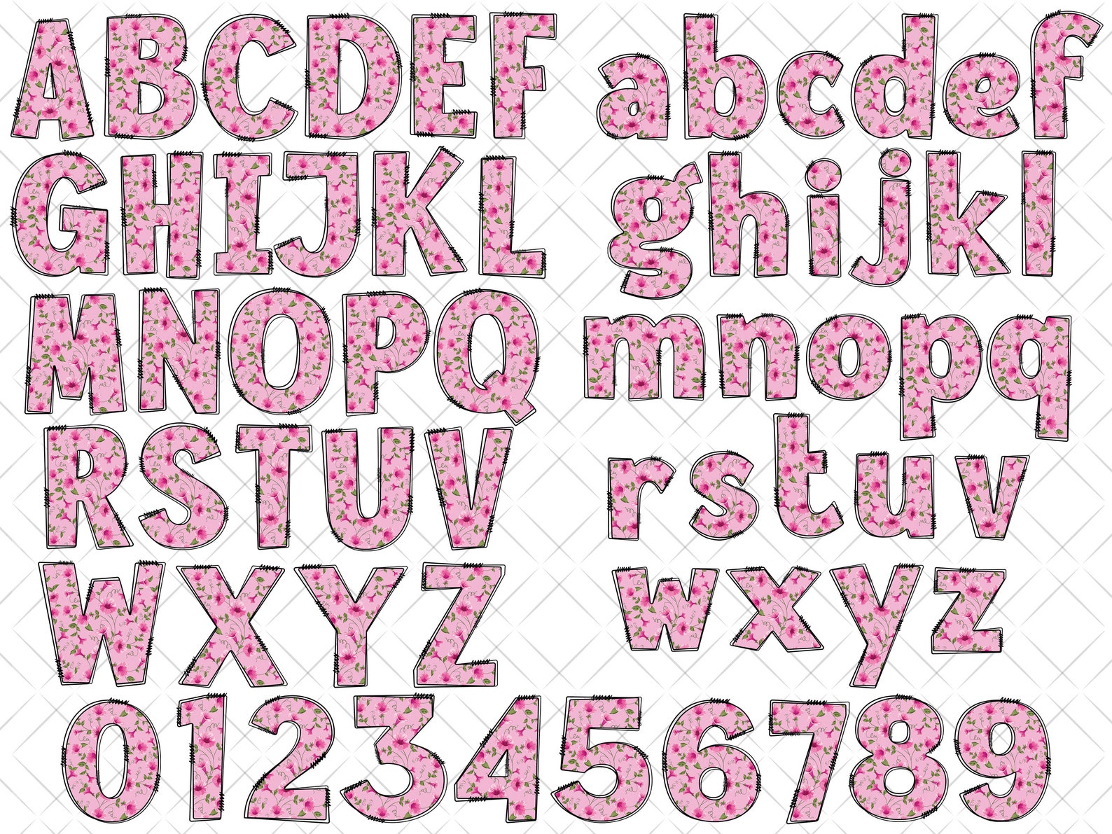 Pink Flowers Alphabet Doodle Letters Colorful Pink Flowers Font ...